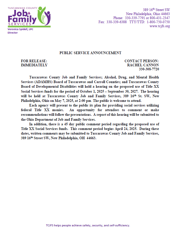 Public Service Announcement | Tuscarawas County Job & Family Services